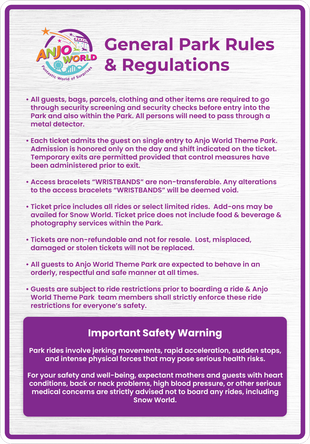 PARK RULES – Anjo World Theme Park