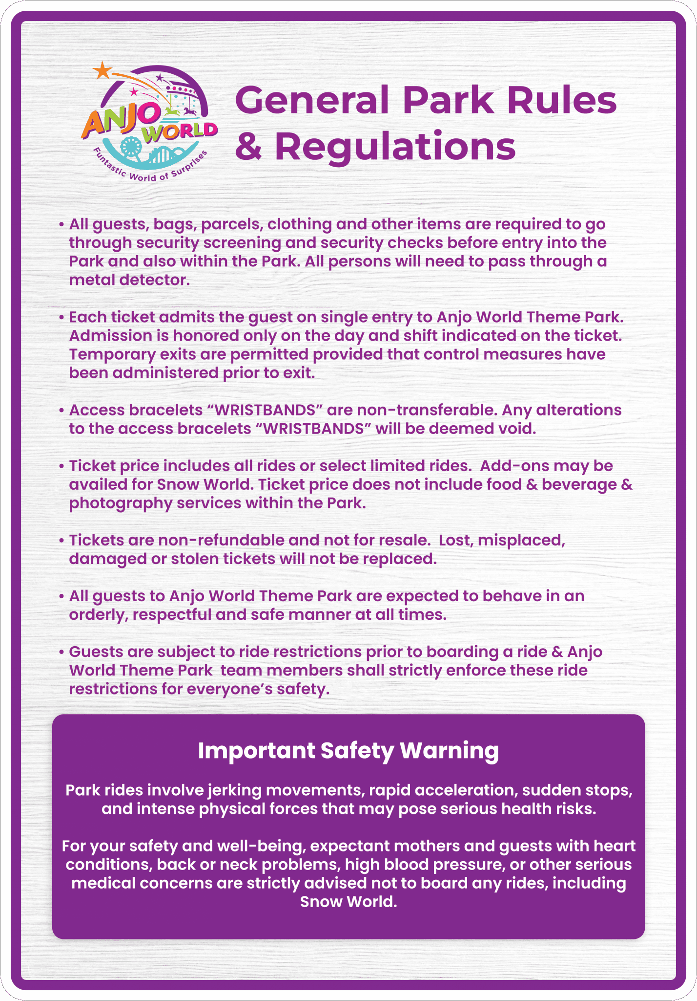 PARK RULES – Anjo World Theme Park